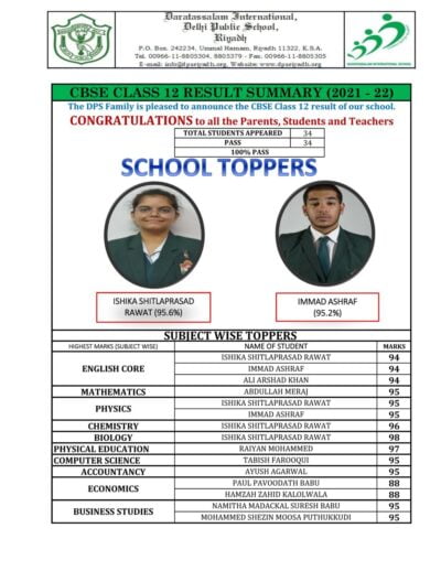 CBSE CLASS X & XII TOPPERS (2021-2022) – DPS Riyadh