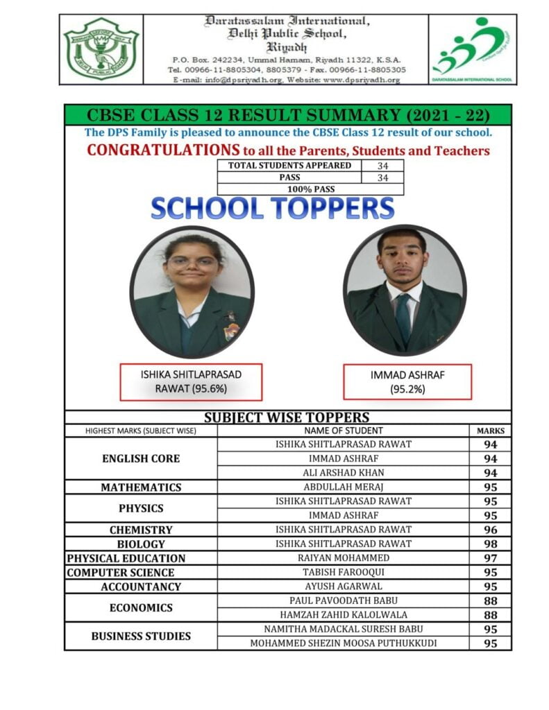 CBSE CLASS X & XII TOPPERS (2021-2022) – DPS Riyadh