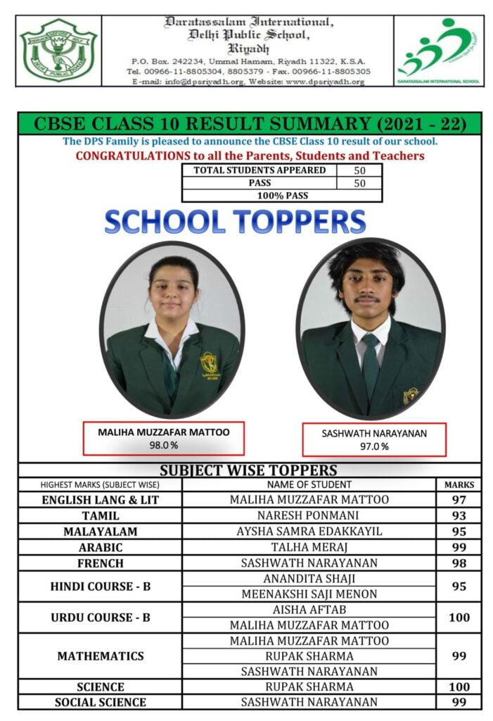 CBSE CLASS X & XII TOPPERS (2021-2022) – DPS Riyadh