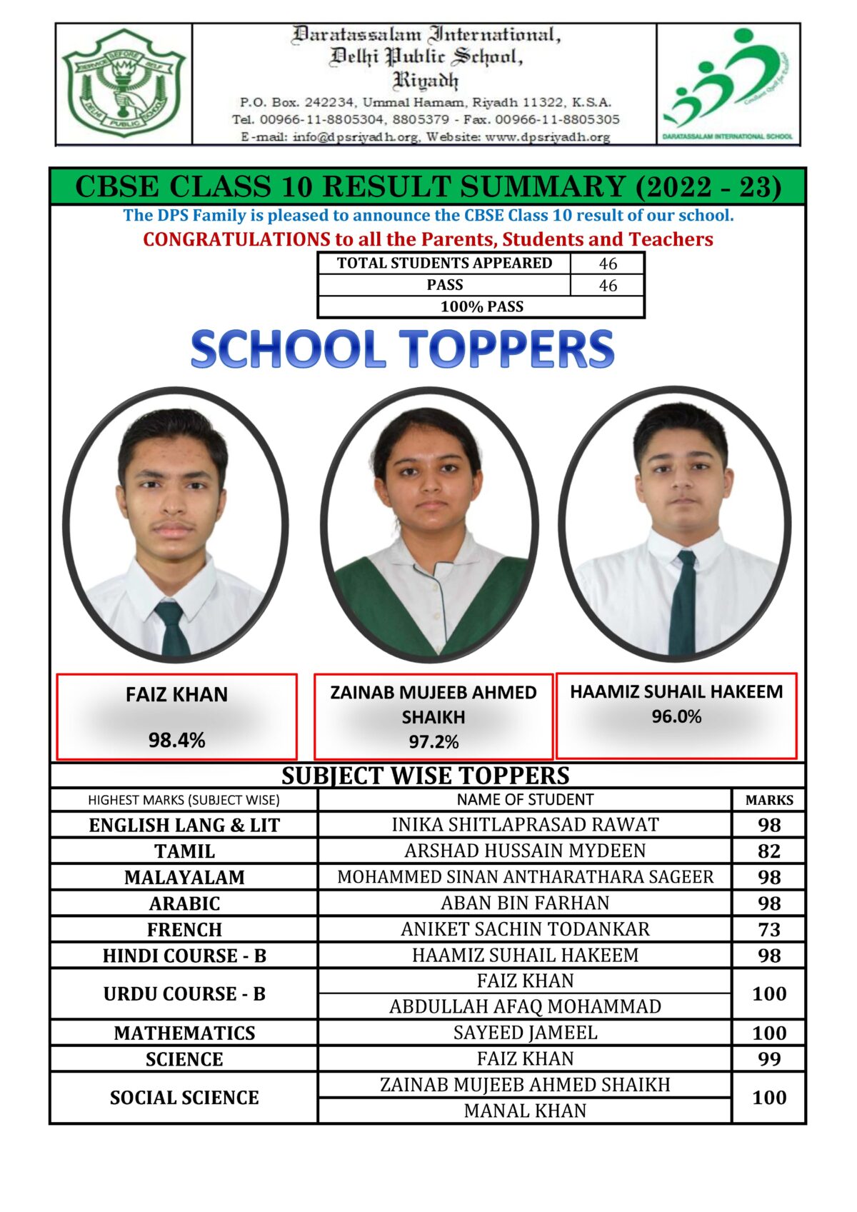 CBSE BOARD EXAMINATION RESULT (2022-23) – DPS Riyadh